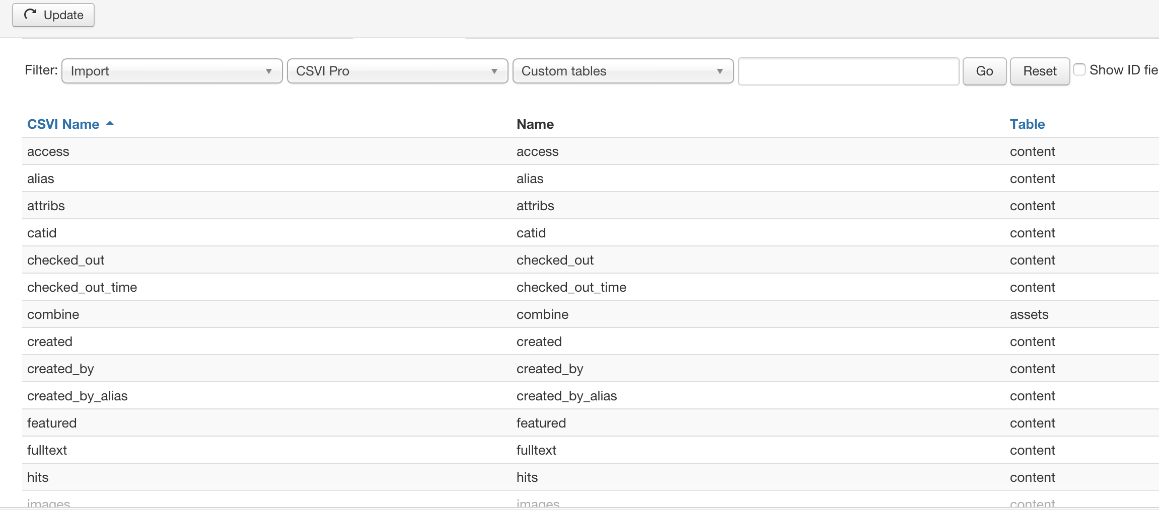 Custom tables import